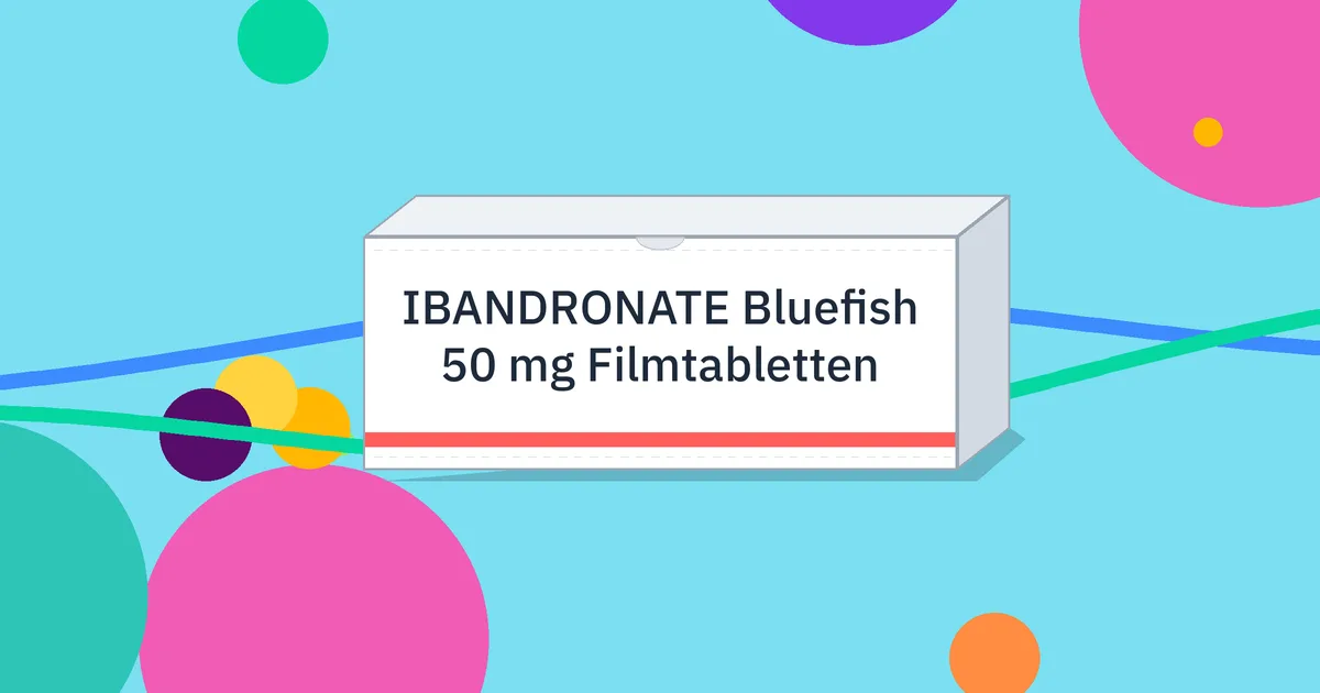Symbolbild: Packung mit der Aufschrift IBANDRONATE Bluefish 50 mg Filmtabletten (PZN 09294397) – Verfügbarkeit und Bezug in Apotheken in Frankfurt am Main