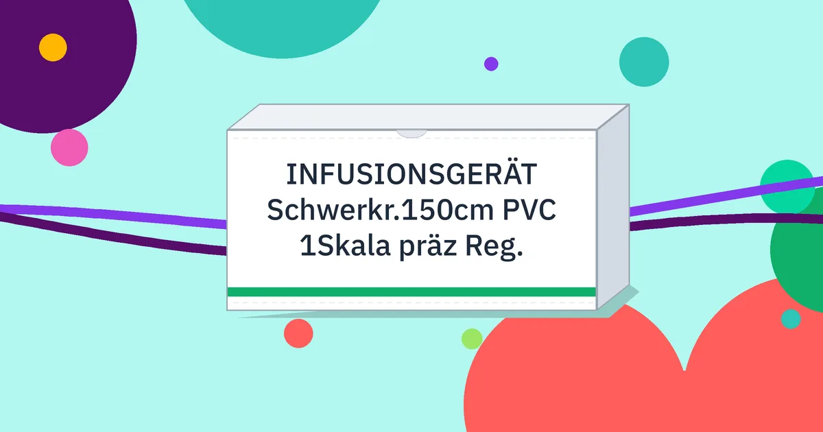 Symbolbild: Packung mit der Aufschrift INFUSIONSGERÄT Schwerkr.150cm PVC 1Skala präz Reg. (PZN 18897864) – Verfügbarkeit und Bezug in Apotheken in Frankfurt am Main