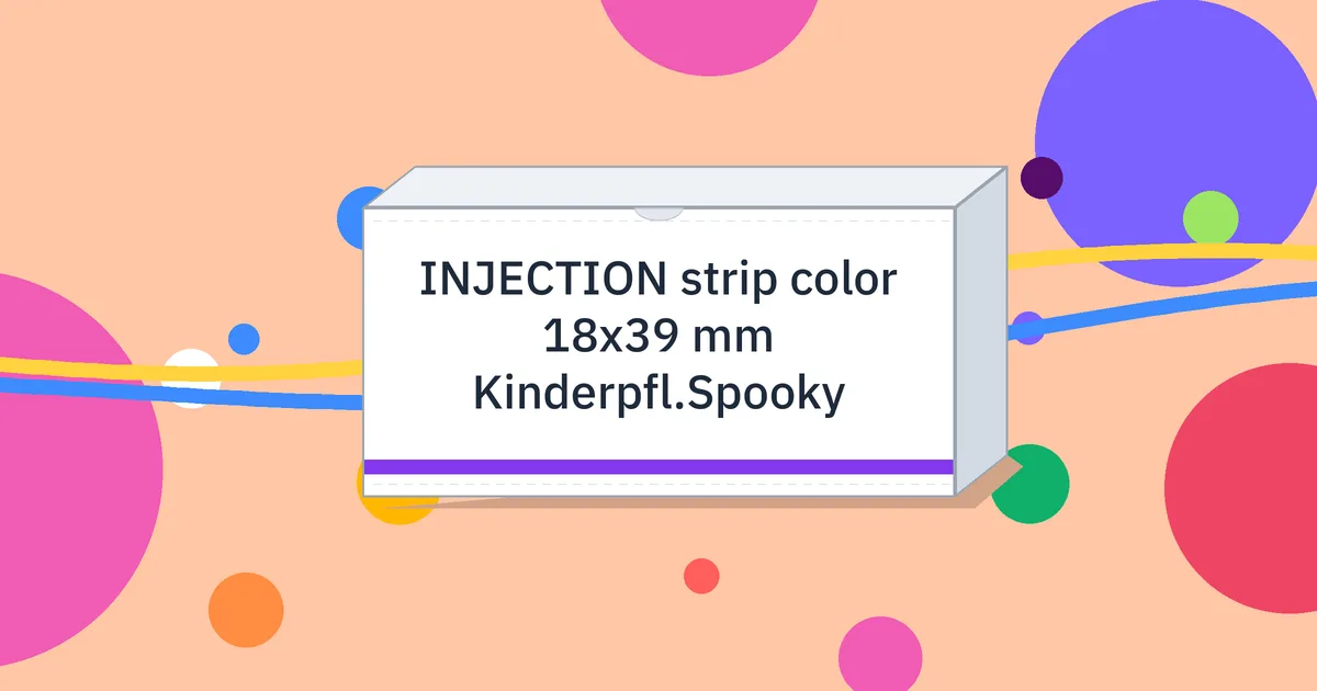 Symbolbild: Packung mit der Aufschrift INJECTION strip color 18x39 mm Kinderpfl.Spooky (PZN 12906881) – Verfügbarkeit und Bezug in Apotheken in Frankfurt am Main