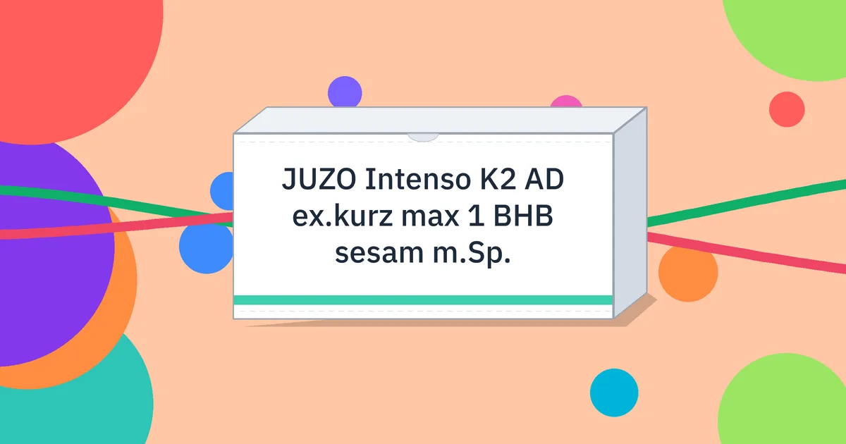 Symbolbild: Packung mit der Aufschrift JUZO Intenso K2 AD ex.kurz max 1 BHB sesam m.Sp. (PZN 18613884) – Verfügbarkeit und Bezug in Apotheken in Frankfurt am Main