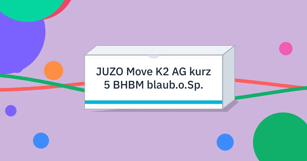 Symbolbild: Packung mit der Aufschrift JUZO Move K2 AG kurz 5 BHBM blaub.o.Sp. (PZN 18562129) – Verfügbarkeit und Bezug in Apotheken in Frankfurt am Main