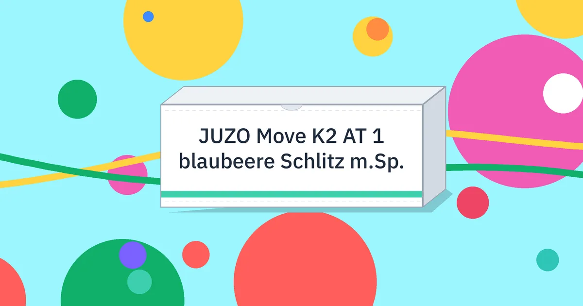 Symbolbild: Packung mit der Aufschrift JUZO Move K2 AT 1 blaubeere Schlitz m.Sp. (PZN 20668734) – Verfügbarkeit und Bezug in Apotheken in Frankfurt am Main