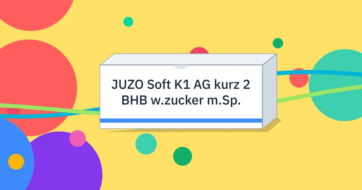 Symbolbild: Packung mit der Aufschrift JUZO Soft K1 AG kurz 2 BHB w.zucker m.Sp. (PZN 14837842) – Verfügbarkeit und Bezug in Apotheken in Frankfurt am Main