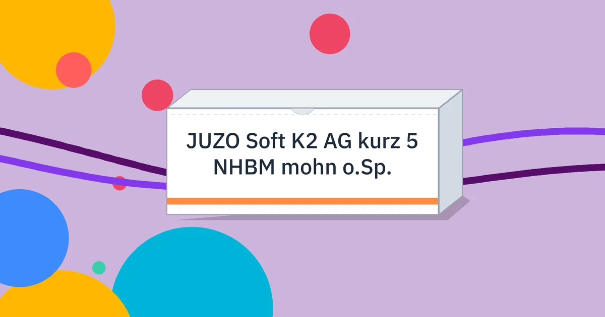 Symbolbild: Packung mit der Aufschrift JUZO Soft K2 AG kurz 5 NHBM mohn o.Sp. (PZN 14997534) – Verfügbarkeit und Bezug in Apotheken in Frankfurt am Main