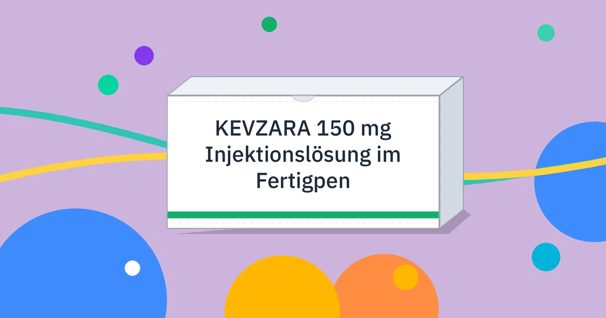 Symbolbild: Packung mit der Aufschrift KEVZARA 150 mg Injektionslösung im Fertigpen (PZN 18840077) – Verfügbarkeit und Bezug in Apotheken in Frankfurt am Main