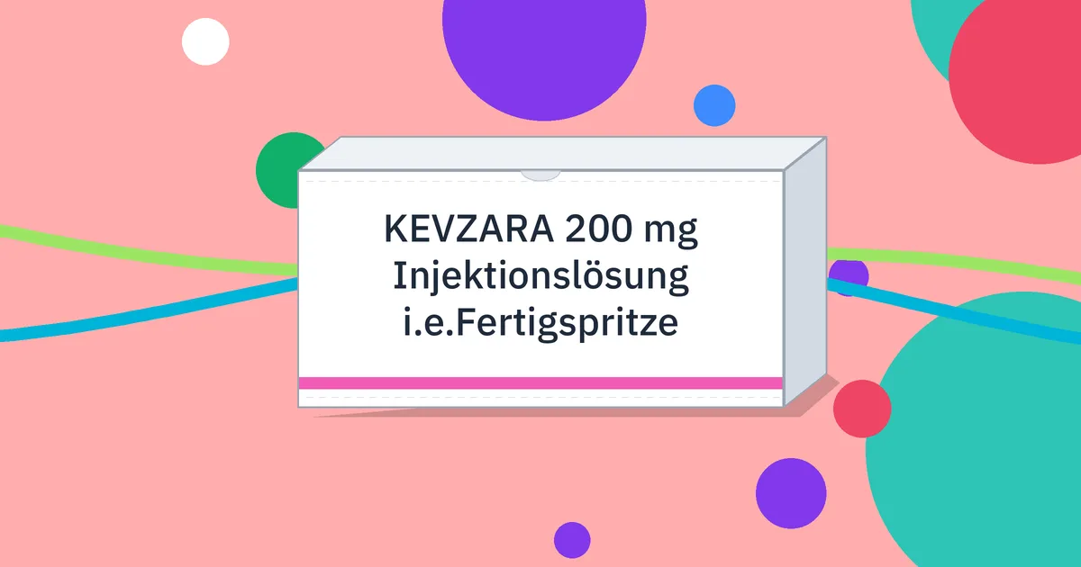Symbolbild: Packung mit der Aufschrift KEVZARA 200 mg Injektionslösung i.e.Fertigspritze (PZN 19538854) – Verfügbarkeit und Bezug in Apotheken in Frankfurt am Main