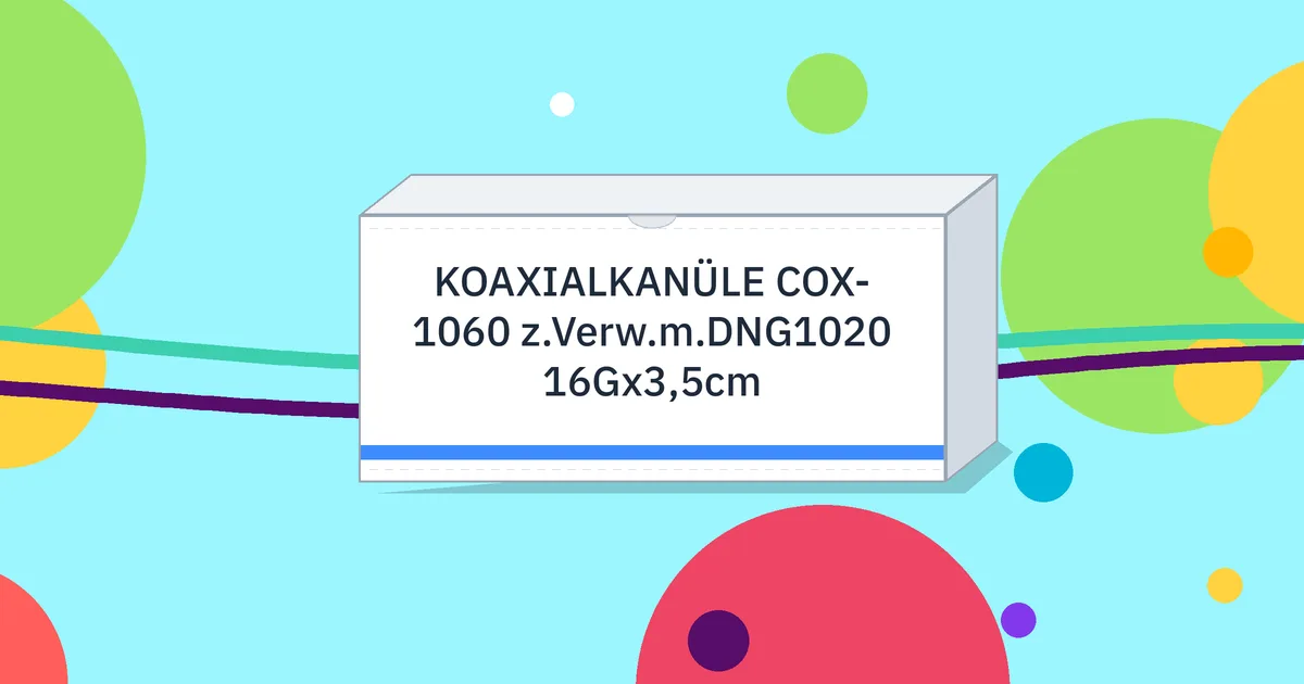 Symbolbild: Packung mit der Aufschrift KOAXIALKANÜLE COX-1060 z.Verw.m.DNG1020 16Gx3,5cm (PZN 00284492) – Verfügbarkeit und Bezug in Apotheken in Frankfurt am Main