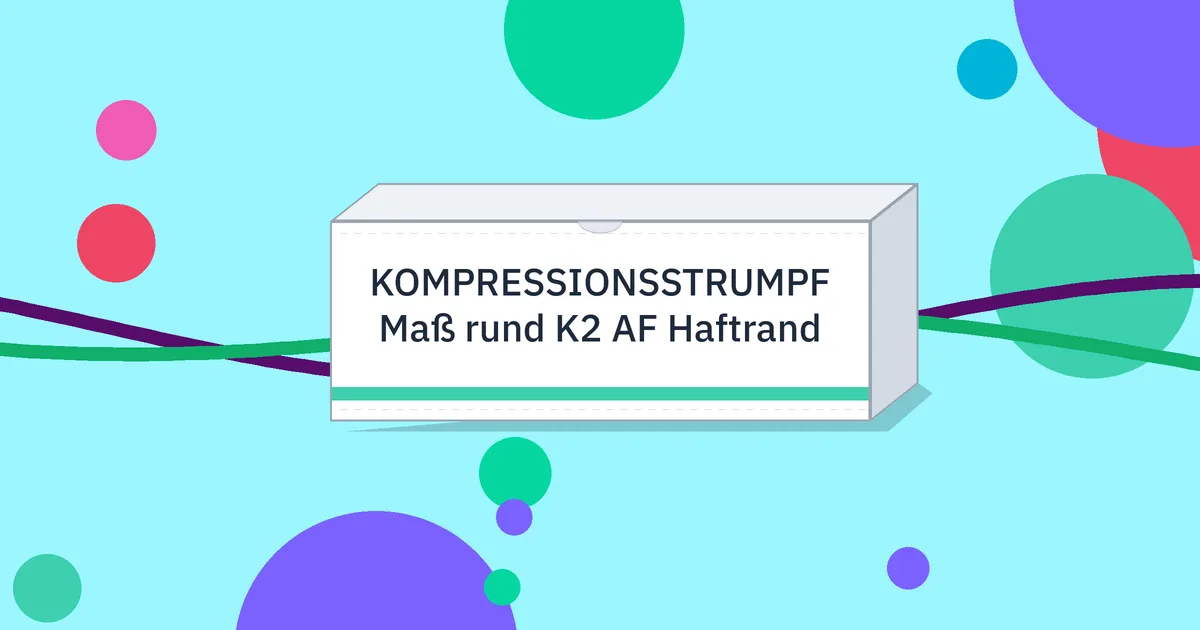Symbolbild: Packung mit der Aufschrift KOMPRESSIONSSTRUMPF Maß rund K2 AF Haftrand (PZN 04774922) – Verfügbarkeit und Bezug in Apotheken in Frankfurt am Main