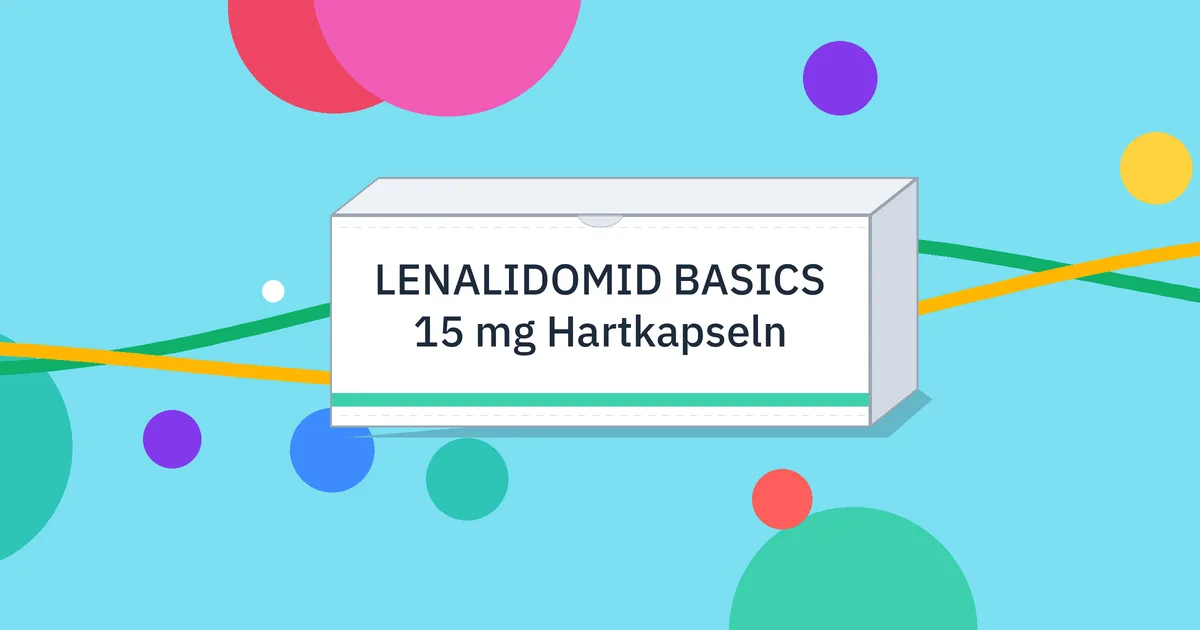 Symbolbild: Packung mit der Aufschrift LENALIDOMID BASICS 15 mg Hartkapseln (PZN 17816651) – Verfügbarkeit und Bezug in Apotheken in Frankfurt am Main