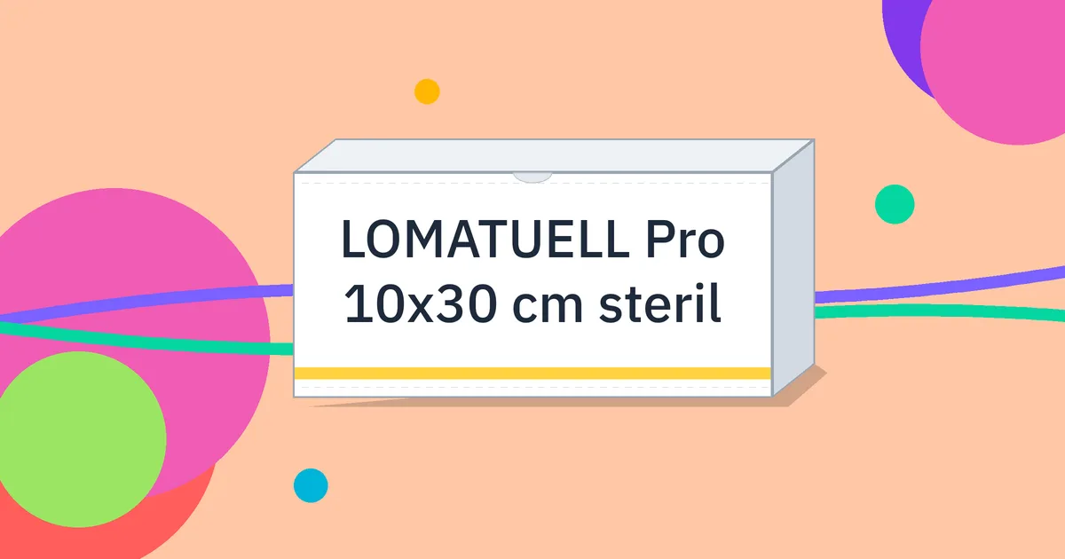 Symbolbild: Packung mit der Aufschrift LOMATUELL Pro 10x30 cm steril (PZN 15403726) – Verfügbarkeit und Bezug in Apotheken in Frankfurt am Main