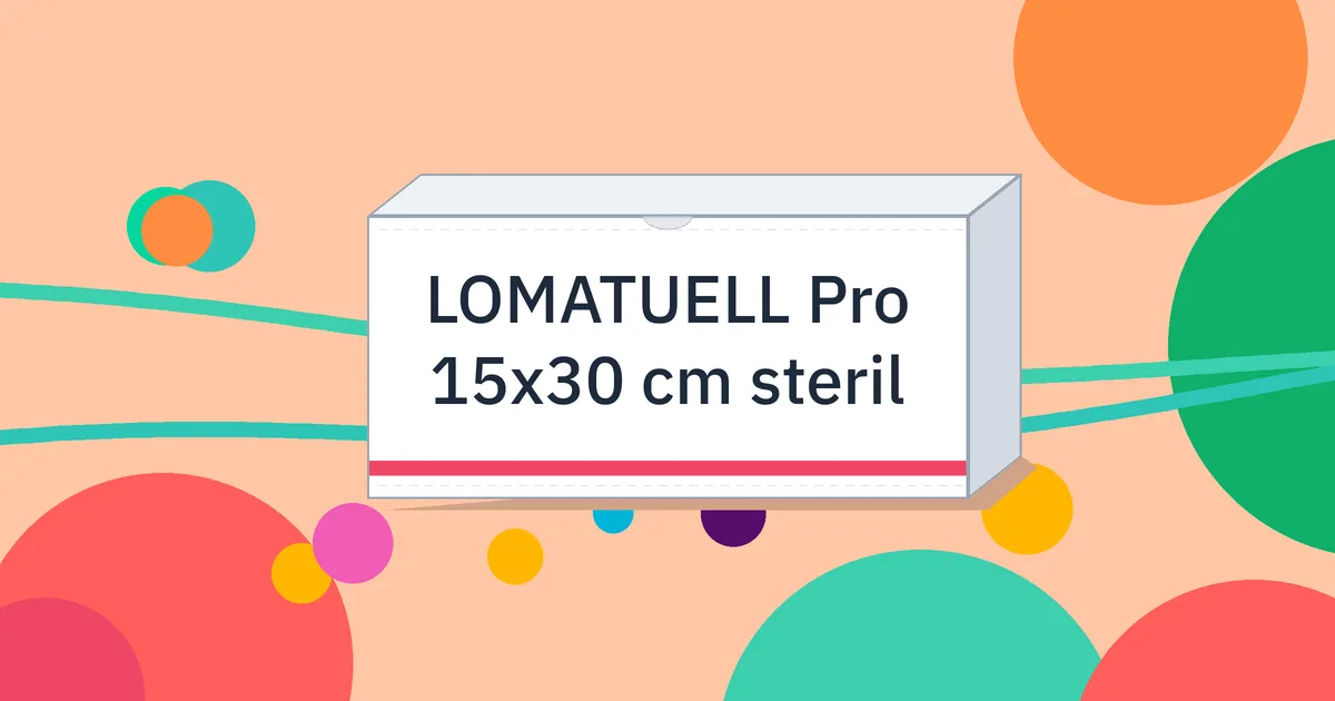 Symbolbild: Packung mit der Aufschrift LOMATUELL Pro 15x30 cm steril (PZN 19763350) – Verfügbarkeit und Bezug in Apotheken in Frankfurt am Main