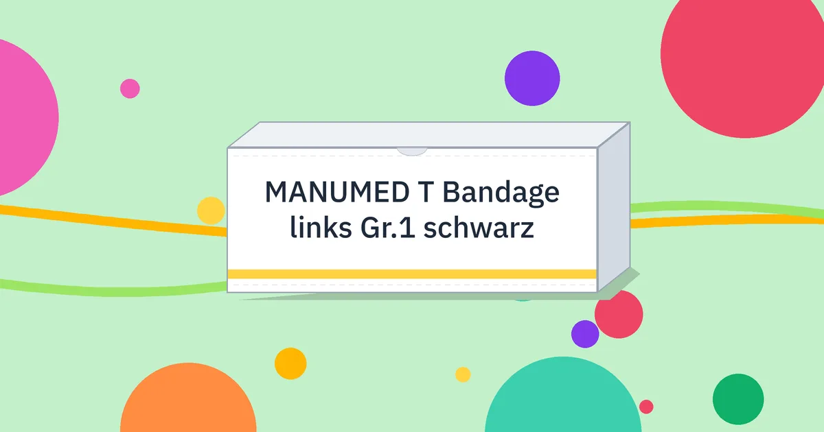Symbolbild: Packung mit der Aufschrift MANUMED T Bandage links Gr.1 schwarz (PZN 08469340) – Verfügbarkeit und Bezug in Apotheken in Frankfurt am Main