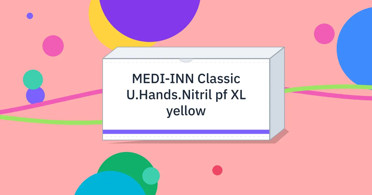 Symbolbild: Packung mit der Aufschrift MEDI-INN Classic U.Hands.Nitril pf XL yellow (PZN 18445524) – Verfügbarkeit und Bezug in Apotheken in Frankfurt am Main