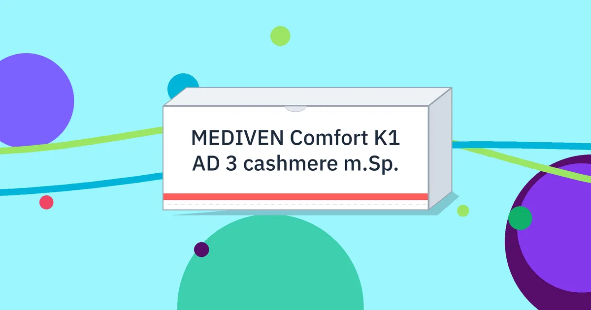 Symbolbild: Packung mit der Aufschrift MEDIVEN Comfort K1 AD 3 cashmere m.Sp. (PZN 14658482) – Verfügbarkeit und Bezug in Apotheken in Frankfurt am Main