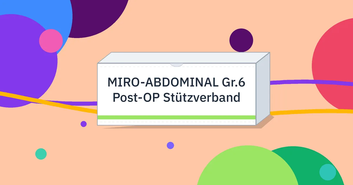 Symbolbild: Packung mit der Aufschrift MIRO-ABDOMINAL Gr.6 Post-OP Stützverband (PZN 19446170) – Verfügbarkeit und Bezug in Apotheken in Frankfurt am Main