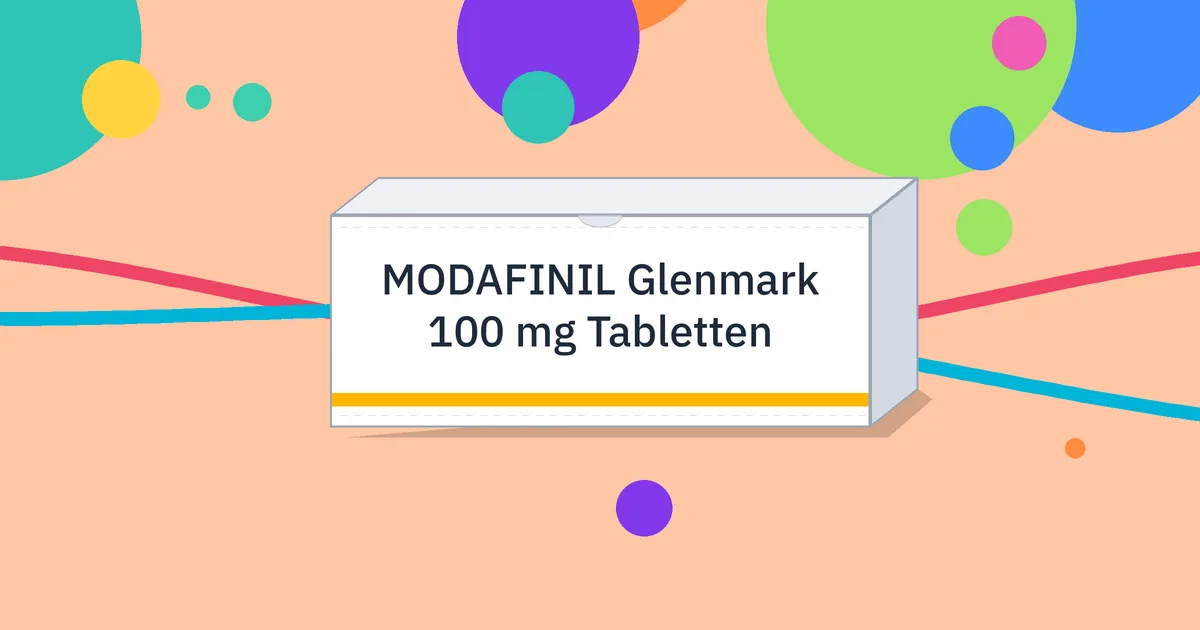 Symbolbild: Packung mit der Aufschrift MODAFINIL Glenmark 100 mg Tabletten (PZN 11323479) – Verfügbarkeit und Bezug in Apotheken in Frankfurt am Main