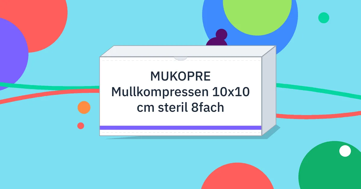 Symbolbild: Packung mit der Aufschrift MUKOPRE Mullkompressen 10x10 cm steril 8fach (PZN 19721222) – Verfügbarkeit und Bezug in Apotheken in Frankfurt am Main