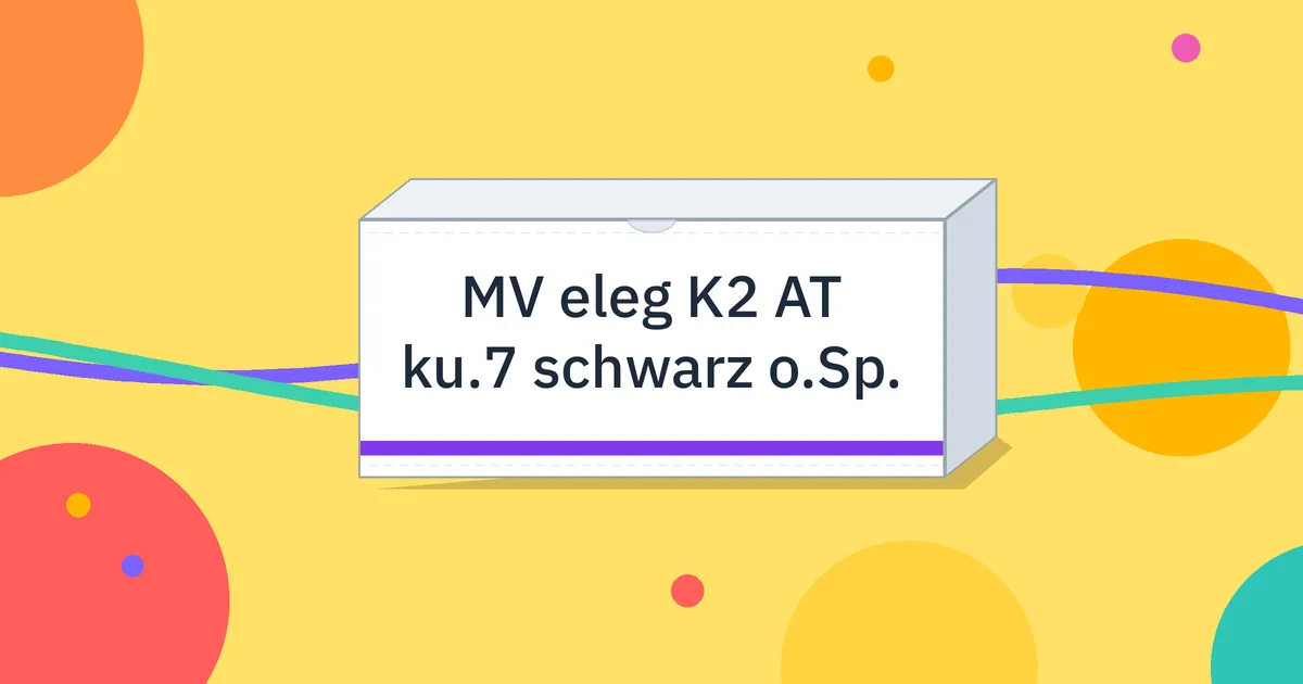 Symbolbild: Packung mit der Aufschrift MV eleg K2 AT ku.7 schwarz o.Sp. (PZN 00312722) – Verfügbarkeit und Bezug in Apotheken in Frankfurt am Main