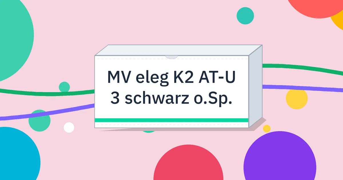Symbolbild: Packung mit der Aufschrift MV eleg K2 AT-U 3 schwarz o.Sp. (PZN 00313868) – Verfügbarkeit und Bezug in Apotheken in Frankfurt am Main