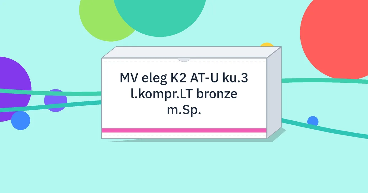 Symbolbild: Packung mit der Aufschrift MV eleg K2 AT-U ku.3 l.kompr.LT bronze m.Sp. (PZN 15291210) – Verfügbarkeit und Bezug in Apotheken in Frankfurt am Main