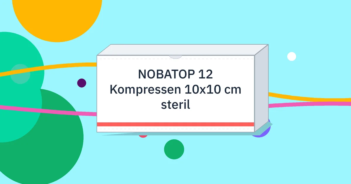 Symbolbild: Packung mit der Aufschrift NOBATOP 12 Kompressen 10x10 cm steril (PZN 07385718) – Verfügbarkeit und Bezug in Apotheken in Frankfurt am Main