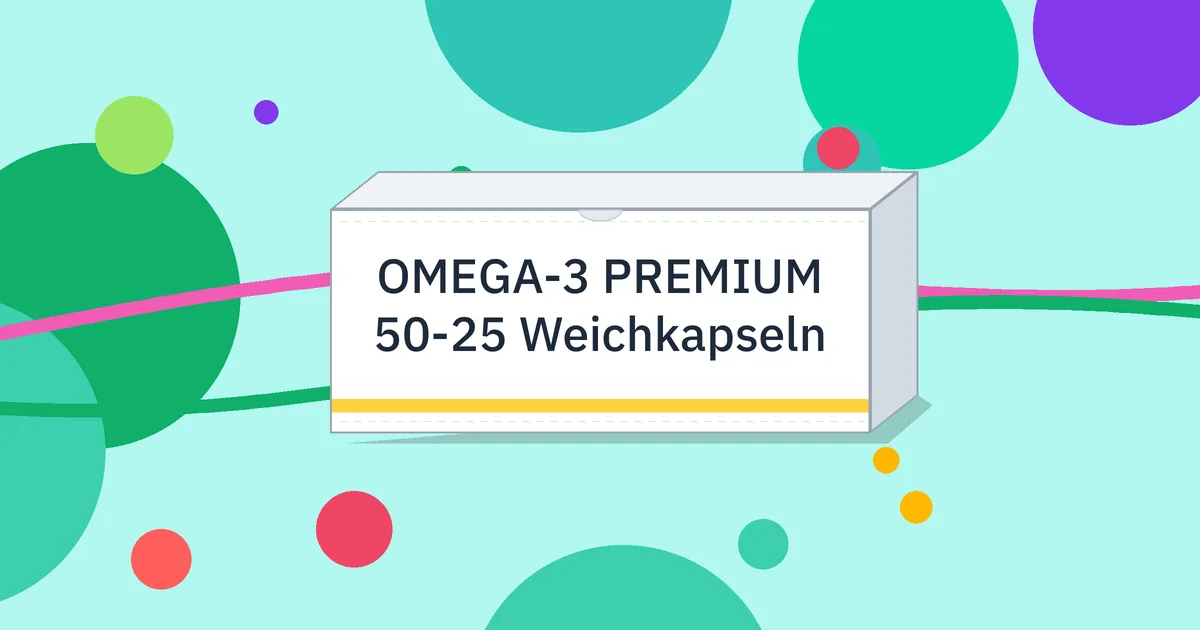 Symbolbild: Packung mit der Aufschrift OMEGA-3 PREMIUM 50-25 Weichkapseln (PZN 18666610) – Verfügbarkeit und Bezug in Apotheken in Frankfurt am Main