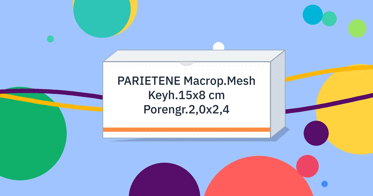Symbolbild: Packung mit der Aufschrift PARIETENE Macrop.Mesh Keyh.15x8 cm Porengr.2,0x2,4 (PZN 11314747) – Verfügbarkeit und Bezug in Apotheken in Frankfurt am Main