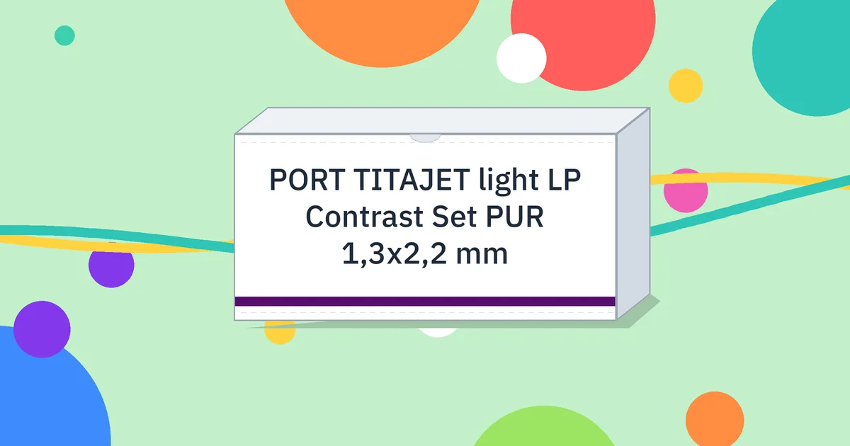 Symbolbild: Packung mit der Aufschrift PORT TITAJET light LP Contrast Set PUR 1,3x2,2 mm (PZN 07789433) – Verfügbarkeit und Bezug in Apotheken in Frankfurt am Main