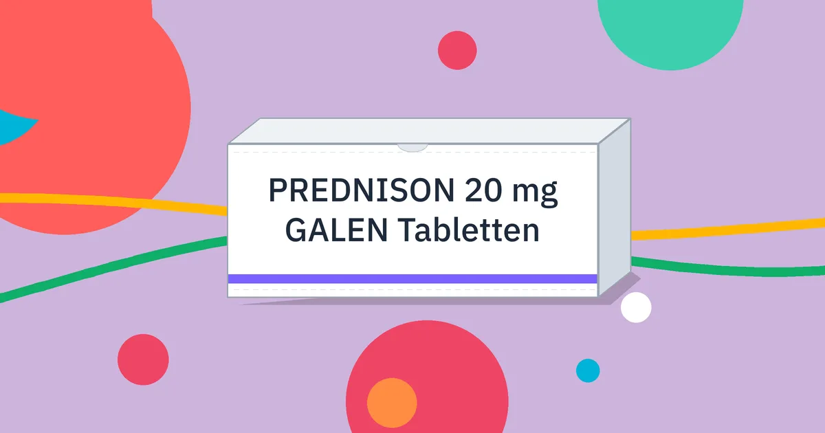 Symbolbild: Packung mit der Aufschrift PREDNISON 20 mg GALEN Tabletten (PZN 01484655) – Verfügbarkeit und Bezug in Apotheken in Frankfurt am Main