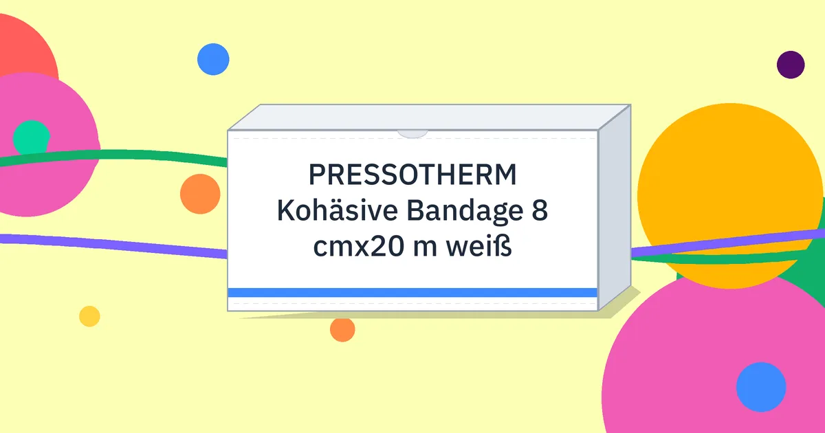 Symbolbild: Packung mit der Aufschrift PRESSOTHERM Kohäsive Bandage 8 cmx20 m weiß (PZN 18201153) – Verfügbarkeit und Bezug in Apotheken in Frankfurt am Main