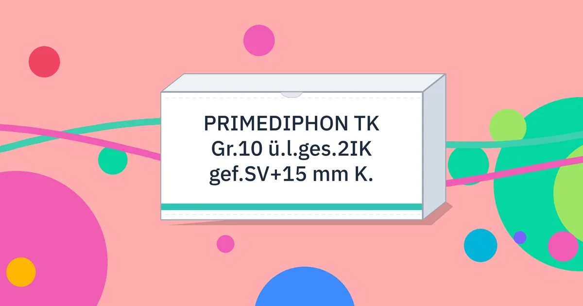 Symbolbild: Packung mit der Aufschrift PRIMEDIPHON TK Gr.10 ü.l.ges.2IK gef.SV+15 mm K. (PZN 11375878) – Verfügbarkeit und Bezug in Apotheken in Frankfurt am Main
