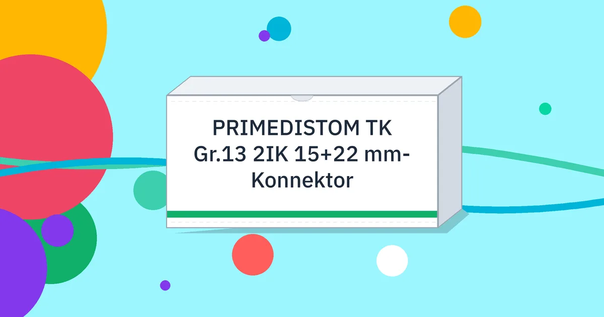 Symbolbild: Packung mit der Aufschrift PRIMEDISTOM TK Gr.13 2IK 15+22 mm-Konnektor (PZN 10266302) – Verfügbarkeit und Bezug in Apotheken in Frankfurt am Main