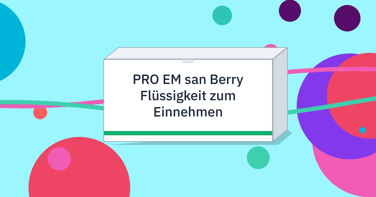 Symbolbild: Packung mit der Aufschrift PRO EM san Berry Flüssigkeit zum Einnehmen (PZN 18672728) – Verfügbarkeit und Bezug in Apotheken in Frankfurt am Main
