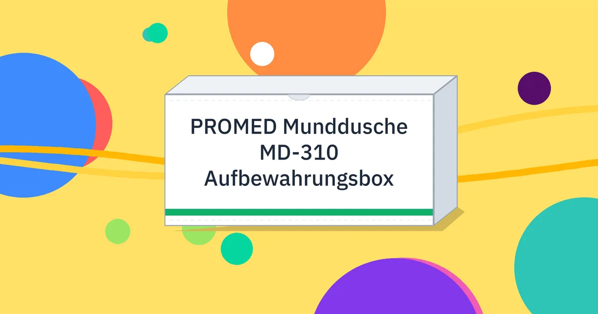 Symbolbild: Packung mit der Aufschrift PROMED Munddusche MD-310 Aufbewahrungsbox (PZN 20843597) – Verfügbarkeit und Bezug in Apotheken in Frankfurt am Main