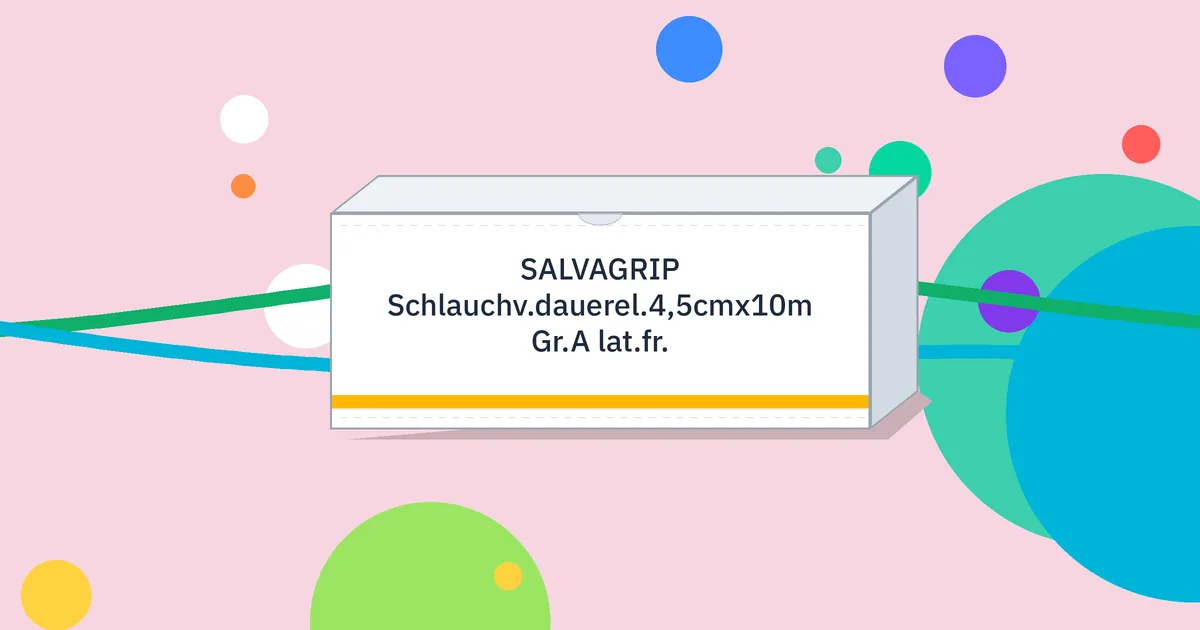Symbolbild: Packung mit der Aufschrift SALVAGRIP Schlauchv.dauerel.4,5cmx10m Gr.A lat.fr. (PZN 16744352) – Verfügbarkeit und Bezug in Apotheken in Frankfurt am Main
