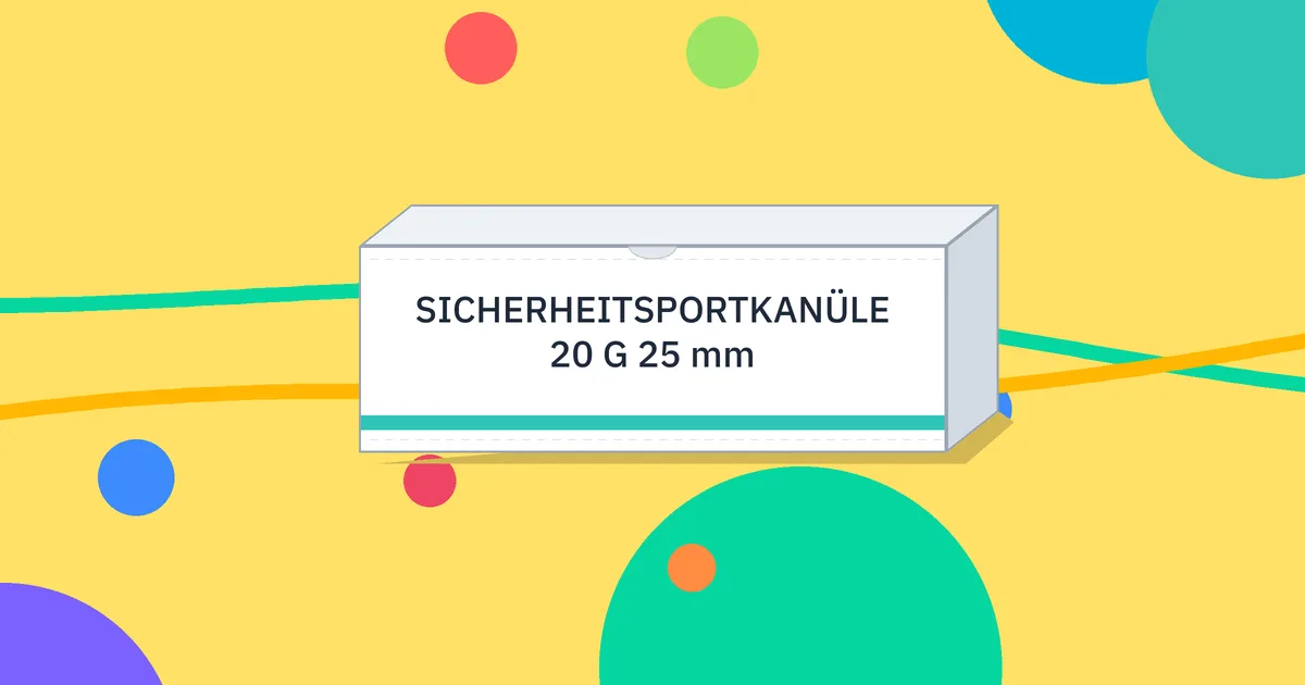Symbolbild: Packung mit der Aufschrift SICHERHEITSPORTKANÜLE 20 G 25 mm (PZN 08781250) – Verfügbarkeit und Bezug in Apotheken in Frankfurt am Main