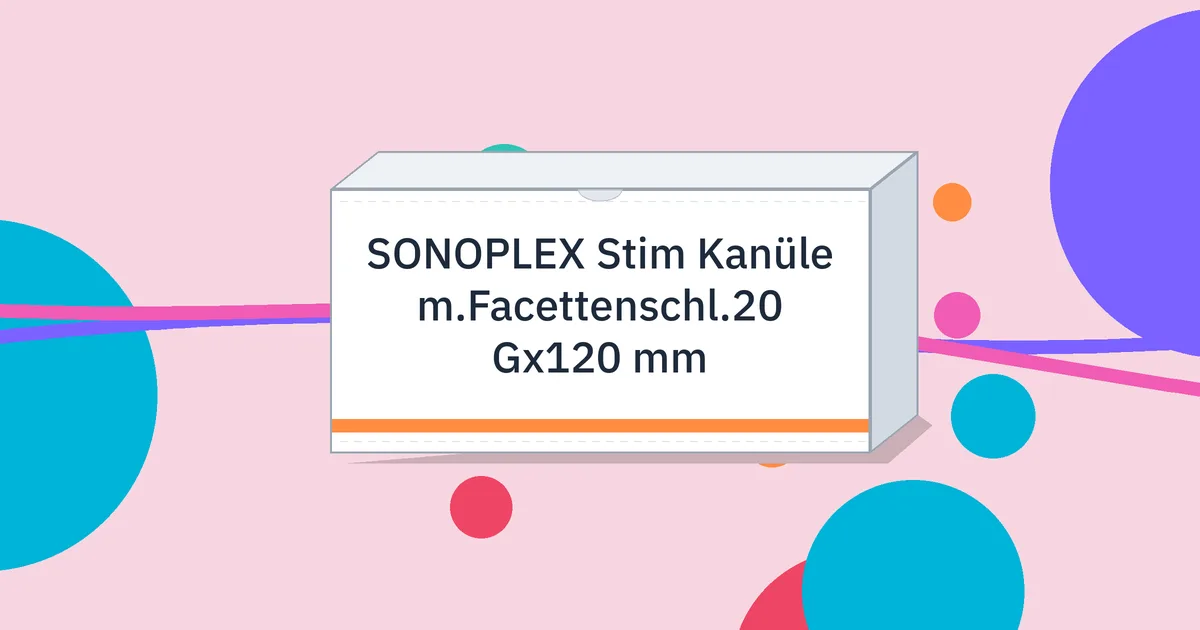 Symbolbild: Packung mit der Aufschrift SONOPLEX Stim Kanüle m.Facettenschl.20 Gx120 mm (PZN 03943883) – Verfügbarkeit und Bezug in Apotheken in Frankfurt am Main