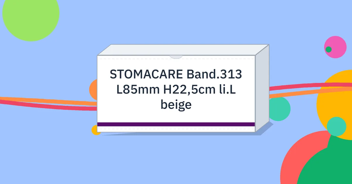 Symbolbild: Packung mit der Aufschrift STOMACARE Band.313 L85mm H22,5cm li.L beige (PZN 10840735) – Verfügbarkeit und Bezug in Apotheken in Frankfurt am Main
