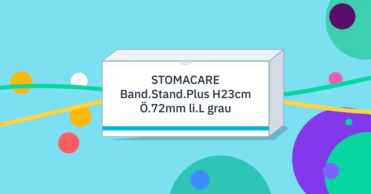 Symbolbild: Packung mit der Aufschrift STOMACARE Band.Stand.Plus H23cm Ö.72mm li.L grau (PZN 16750950) – Verfügbarkeit und Bezug in Apotheken in Frankfurt am Main