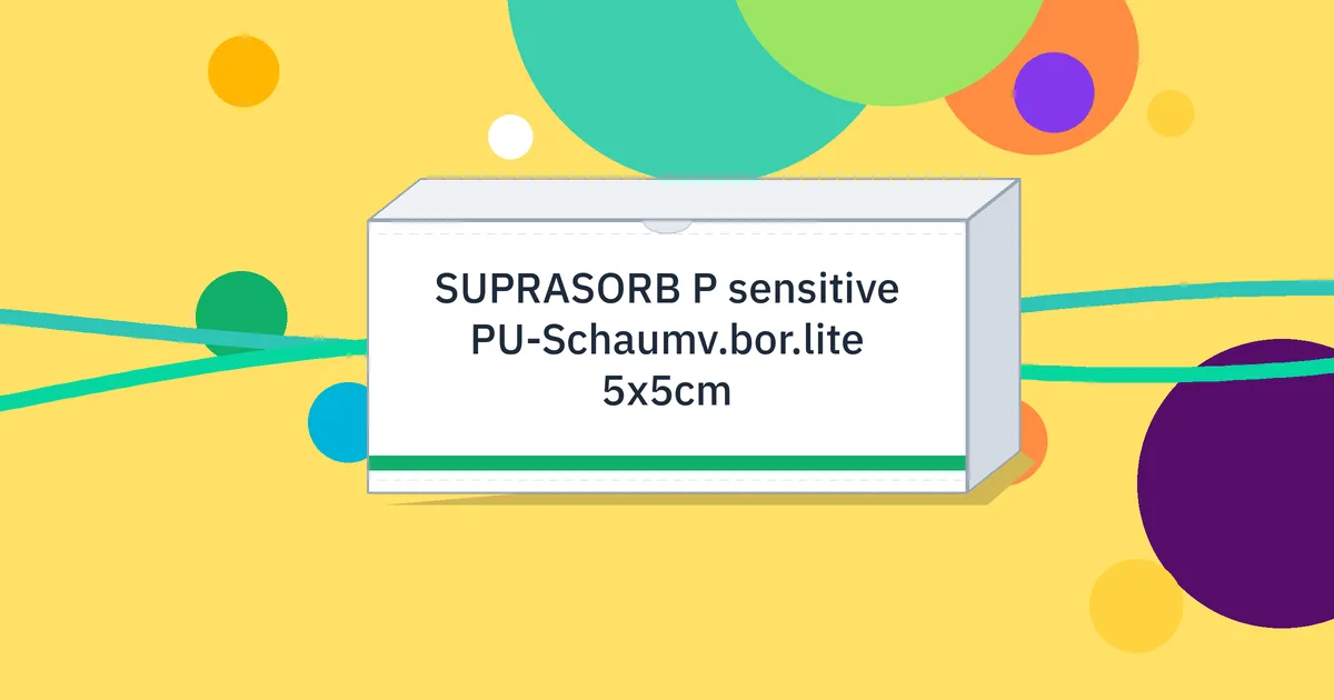 Symbolbild: Packung mit der Aufschrift SUPRASORB P sensitive PU-Schaumv.bor.lite 5x5cm (PZN 20223400) – Verfügbarkeit und Bezug in Apotheken in Frankfurt am Main