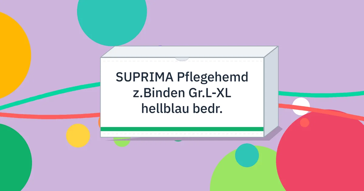 Symbolbild: Packung mit der Aufschrift SUPRIMA Pflegehemd z.Binden Gr.L-XL hellblau bedr. (PZN 09785480) – Verfügbarkeit und Bezug in Apotheken in Frankfurt am Main