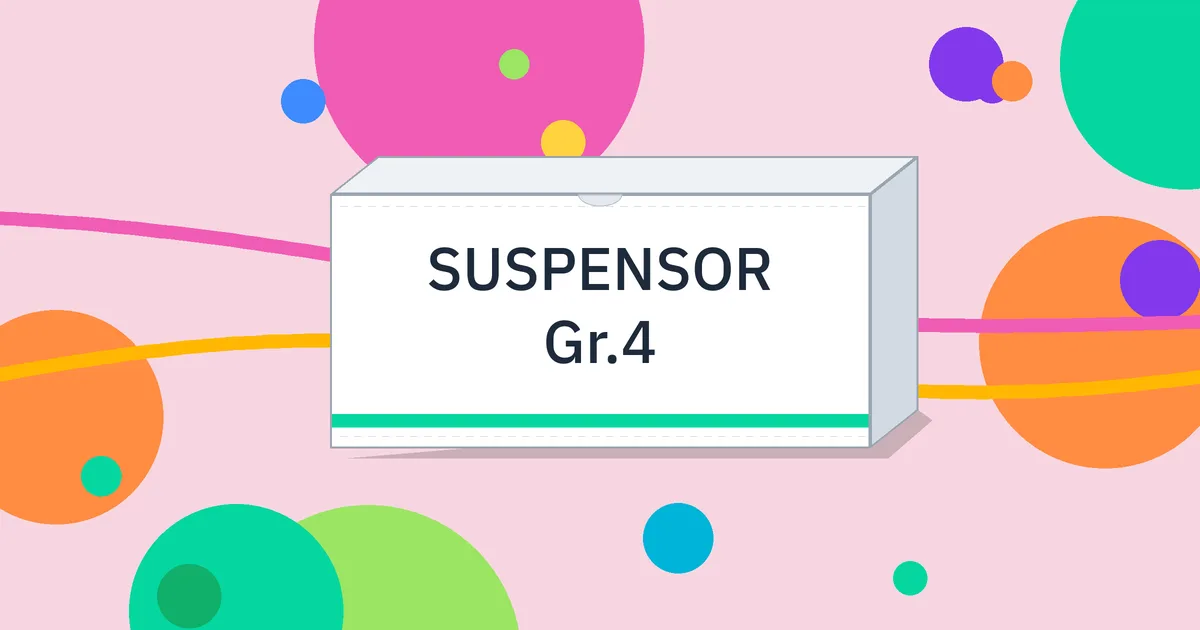 Symbolbild: Packung mit der Aufschrift SUSPENSOR Gr.4 (PZN 02609840) – Verfügbarkeit und Bezug in Apotheken in Frankfurt am Main