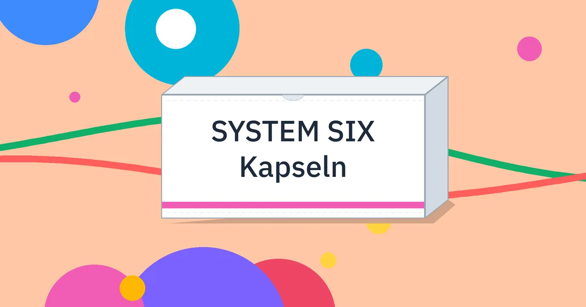 Symbolbild: Packung mit der Aufschrift SYSTEM SIX Kapseln (PZN 16394113) – Verfügbarkeit und Bezug in Apotheken in Frankfurt am Main