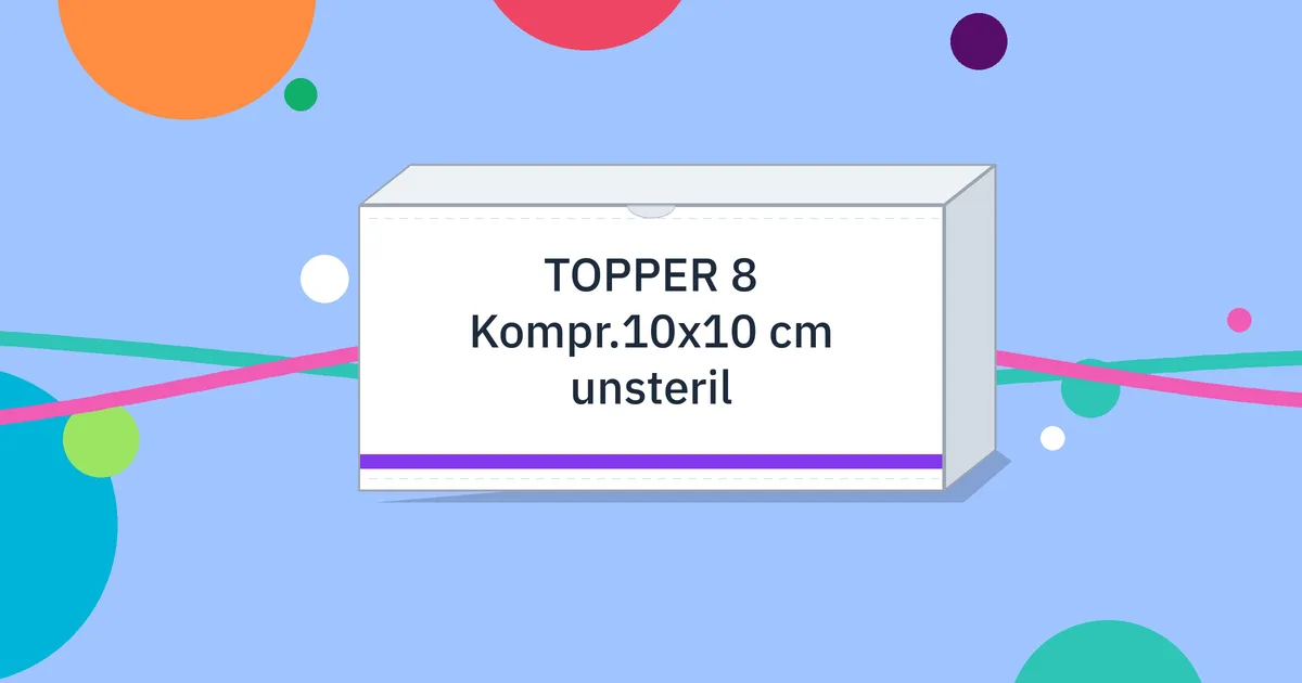 Symbolbild: Packung mit der Aufschrift TOPPER 8 Kompr.10x10 cm unsteril (PZN 03306834) – Verfügbarkeit und Bezug in Apotheken in Frankfurt am Main