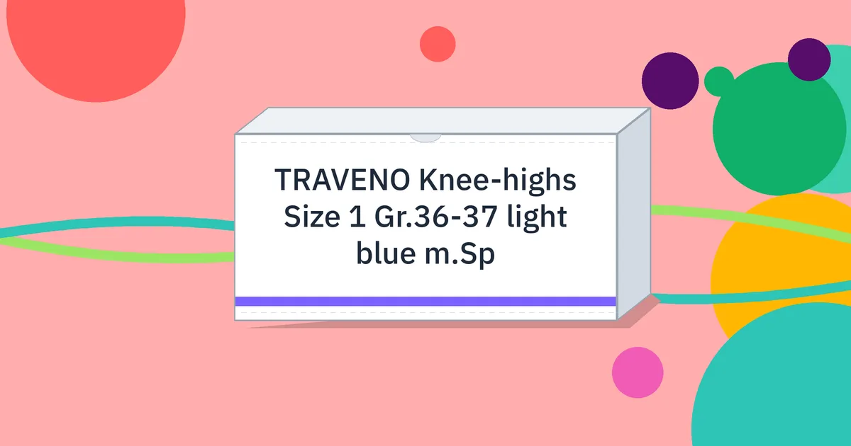 Symbolbild: Packung mit der Aufschrift TRAVENO Knee-highs Size 1 Gr.36-37 light blue m.Sp (PZN 20651780) – Verfügbarkeit und Bezug in Apotheken in Frankfurt am Main