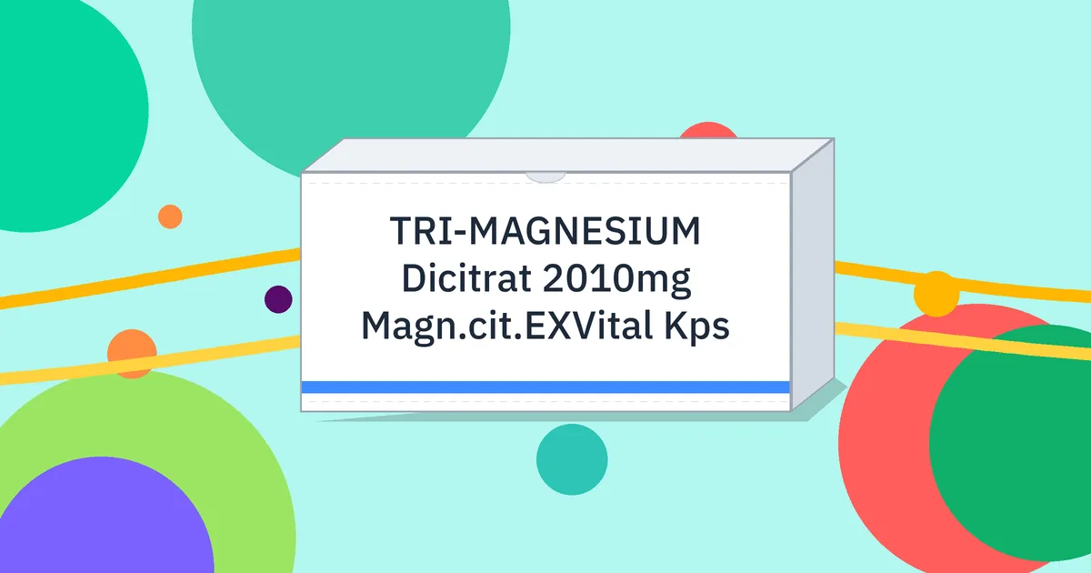 Symbolbild: Packung mit der Aufschrift TRI-MAGNESIUM Dicitrat 2010mg Magn.cit.EXVital Kps (PZN 17997925) – Verfügbarkeit und Bezug in Apotheken in Frankfurt am Main