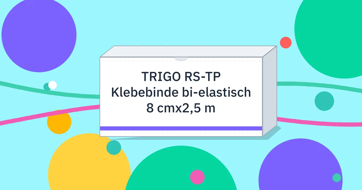 Symbolbild: Packung mit der Aufschrift TRIGO RS-TP Klebebinde bi-elastisch 8 cmx2,5 m (PZN 09944814) – Verfügbarkeit und Bezug in Apotheken in Frankfurt am Main