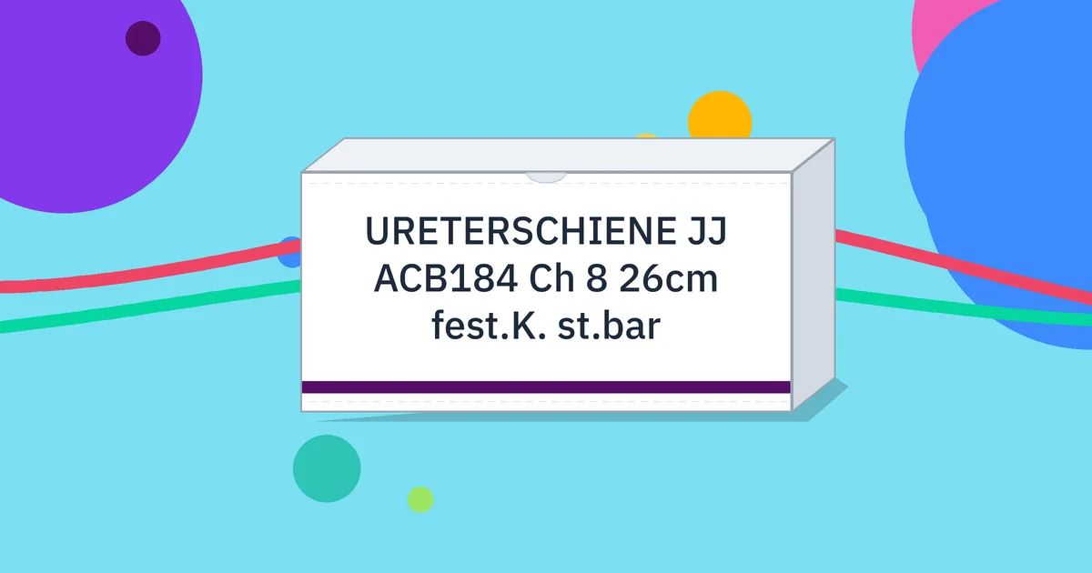 Symbolbild: Packung mit der Aufschrift URETERSCHIENE JJ ACB184 Ch 8 26cm fest.K. st.bar (PZN 00752349) – Verfügbarkeit und Bezug in Apotheken in Frankfurt am Main