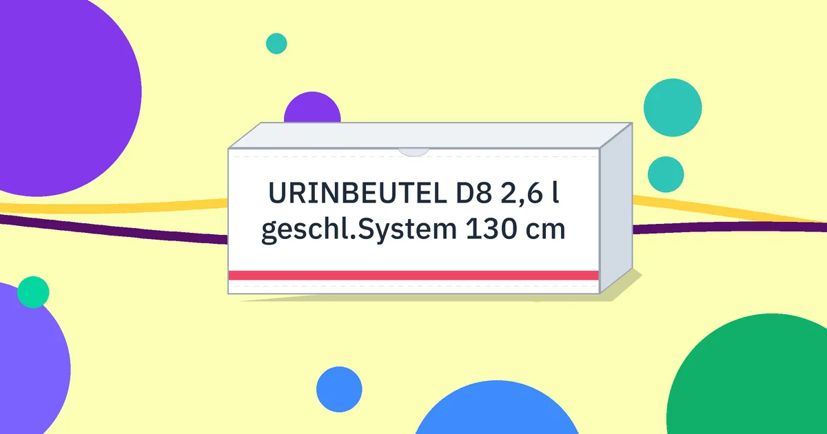 Symbolbild: Packung mit der Aufschrift URINBEUTEL D8 2,6 l geschl.System 130 cm (PZN 13750174) – Verfügbarkeit und Bezug in Apotheken in Frankfurt am Main