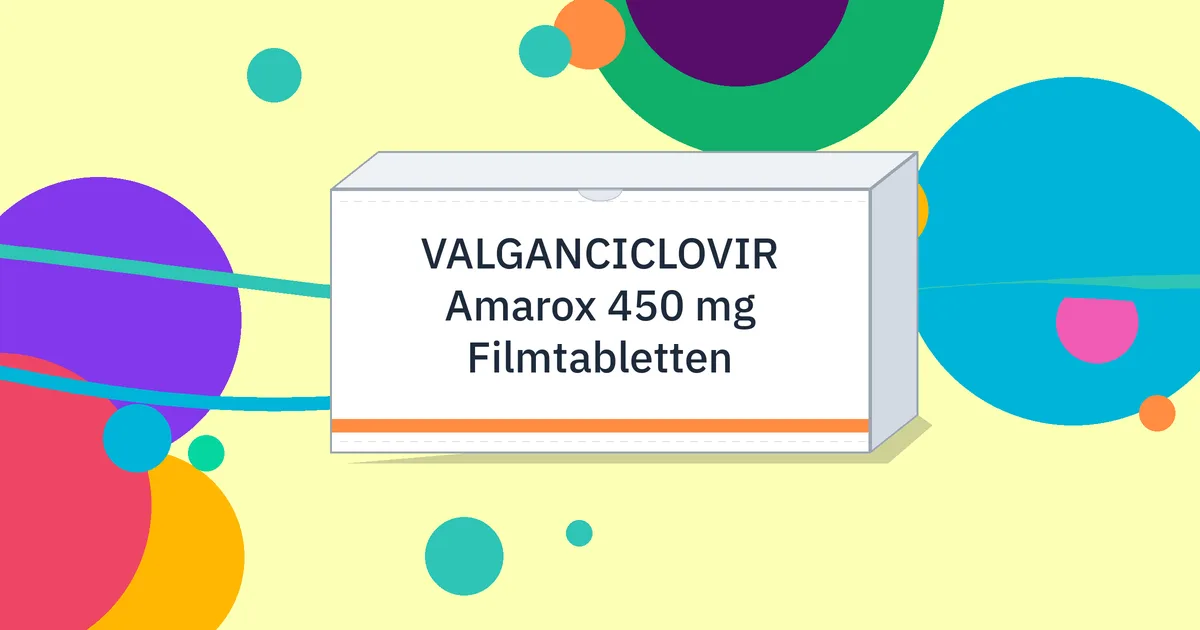 Symbolbild: Packung mit der Aufschrift VALGANCICLOVIR Amarox 450 mg Filmtabletten (PZN 17964535) – Verfügbarkeit und Bezug in Apotheken in Frankfurt am Main